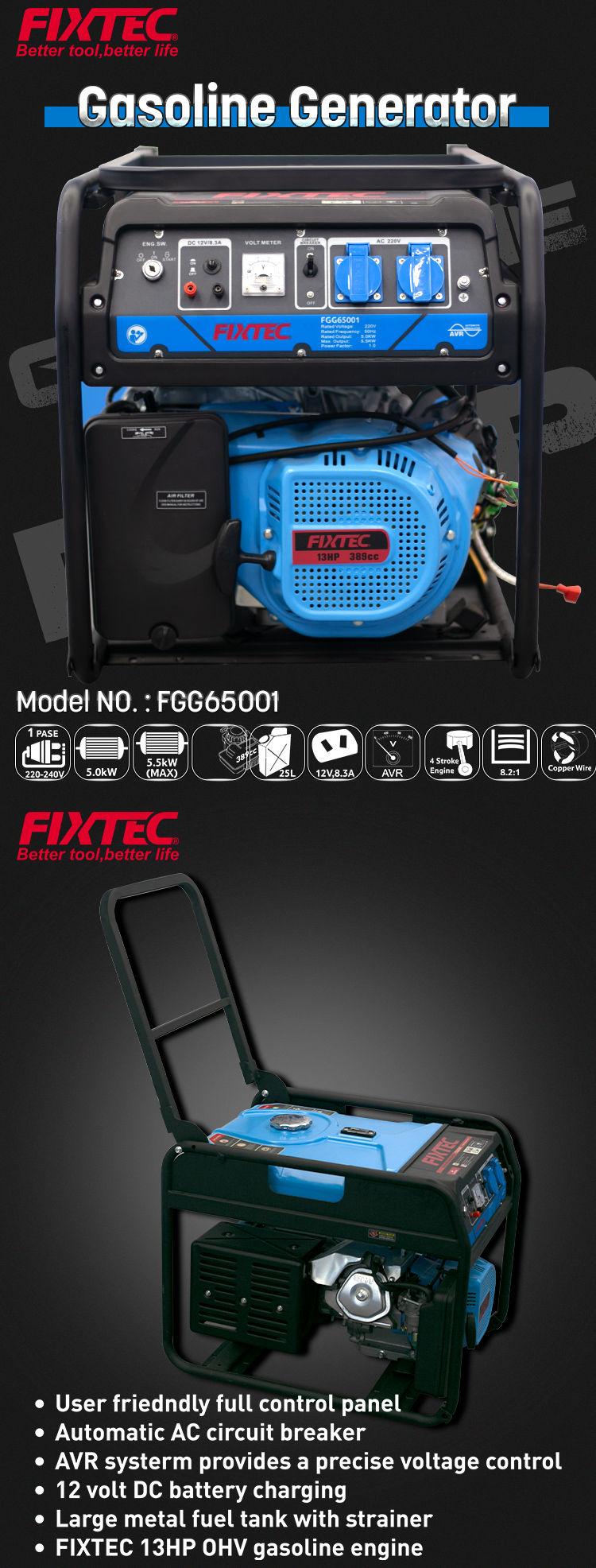 FIXTEC 5500W Gasoline Generator