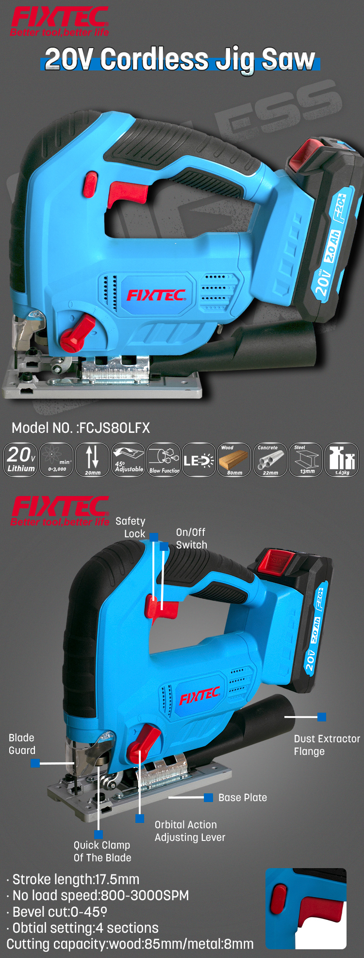 FIXTEC 20V Cordless Jig Saw